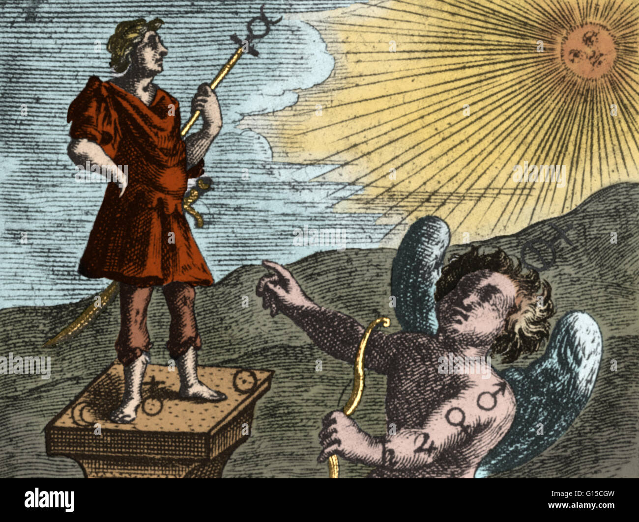 An illustration from an alchemical treatise from 1674. Alchemy was the ...