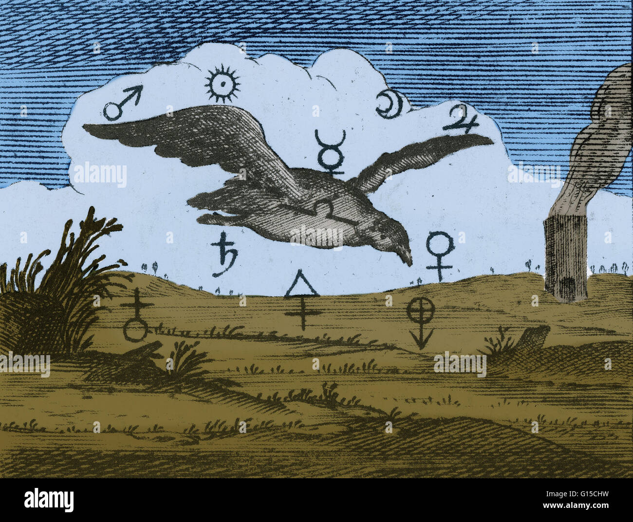 An illustration from an alchemical treatise from 1674. Alchemy was the ...