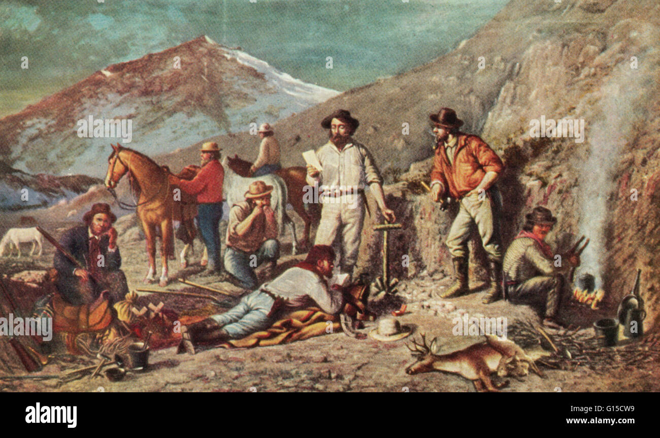 Staking the first claim to the Comstock Lode, June 12, 1859. Seated at ...