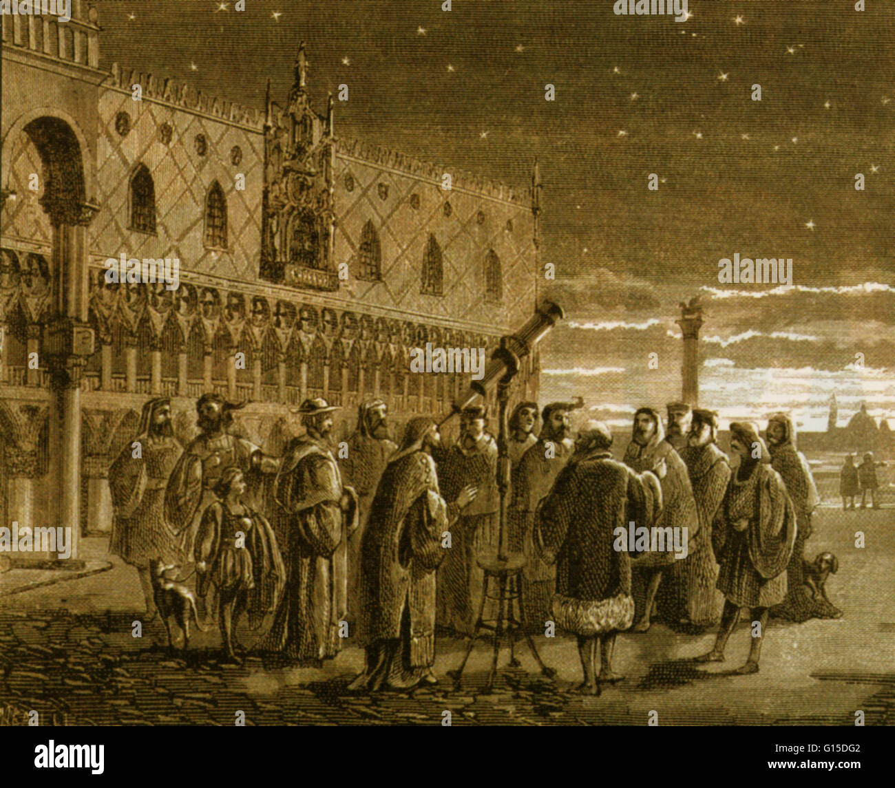 Galileo and his telescope in Venice. 1609. Galileo shows the satellites ...