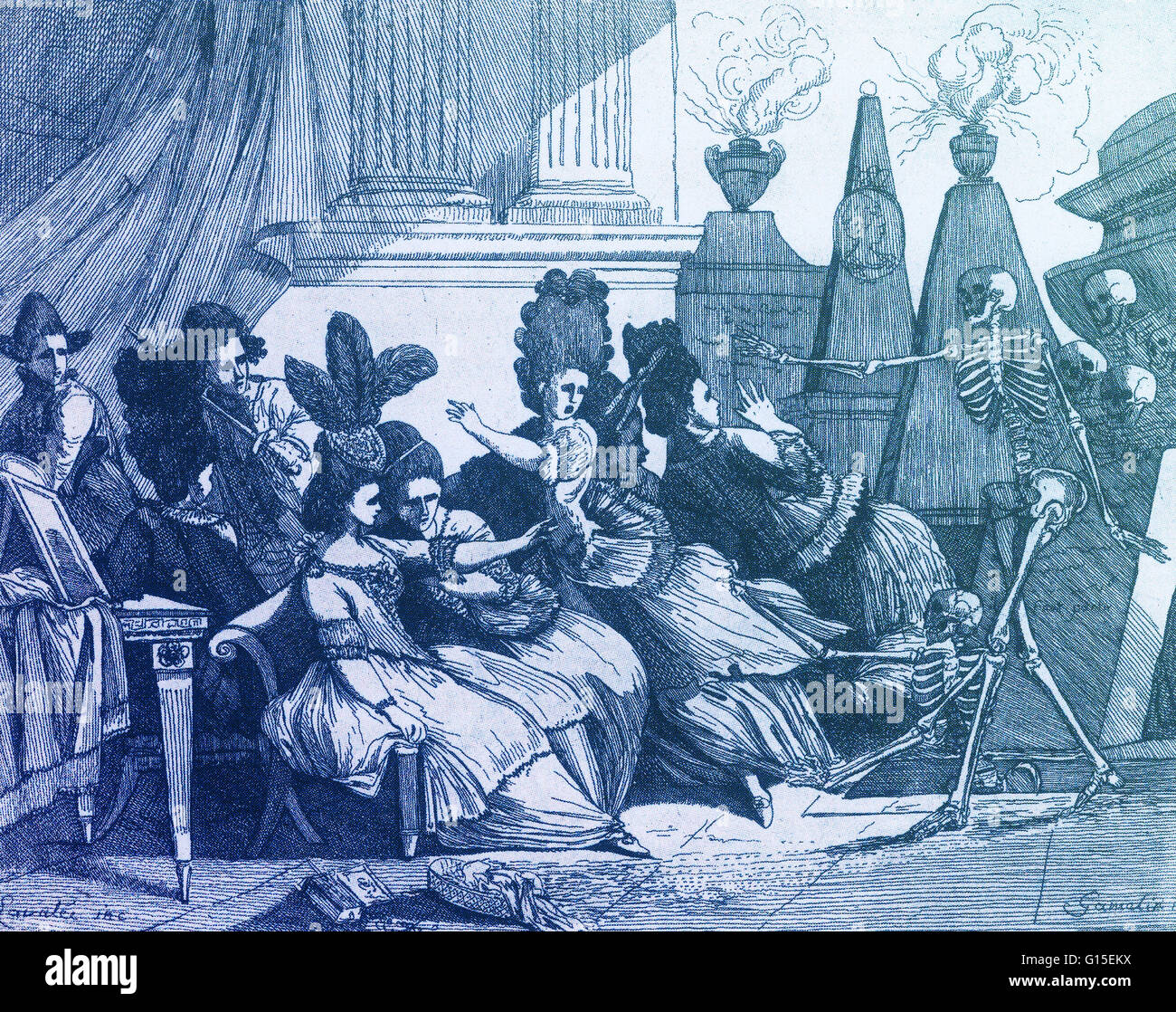 Skeletons interrupting a gathering. Allegorical death. Dance of Death ...