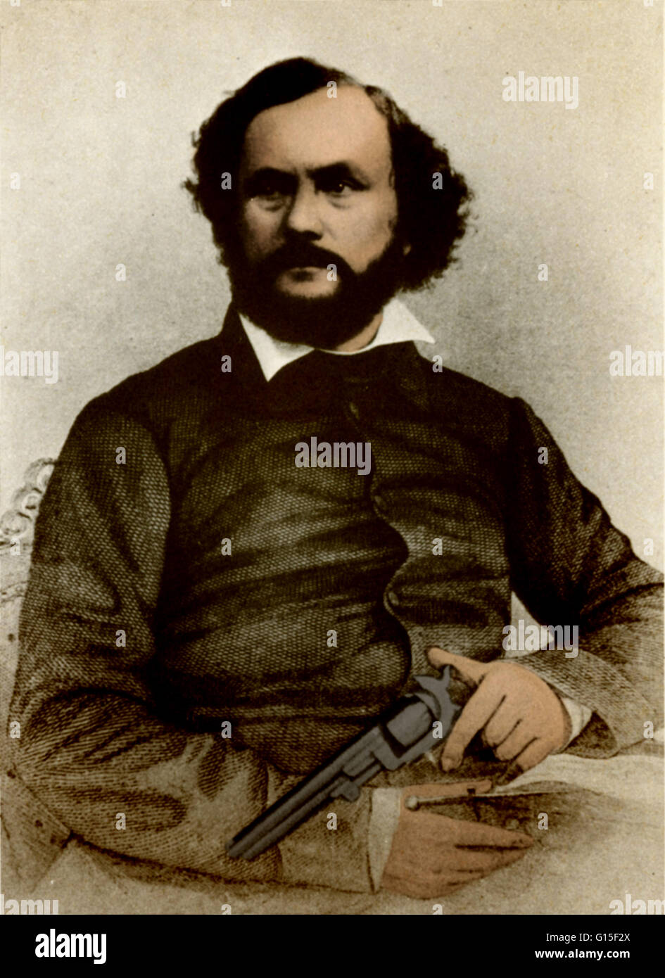 Samuel Colt, holding his celebrated revolver, sometimes called Colt's ...