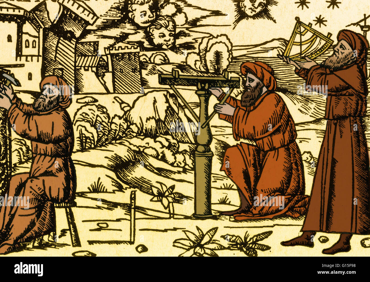 An engraving showing Arab astrologers using early astronomical ...