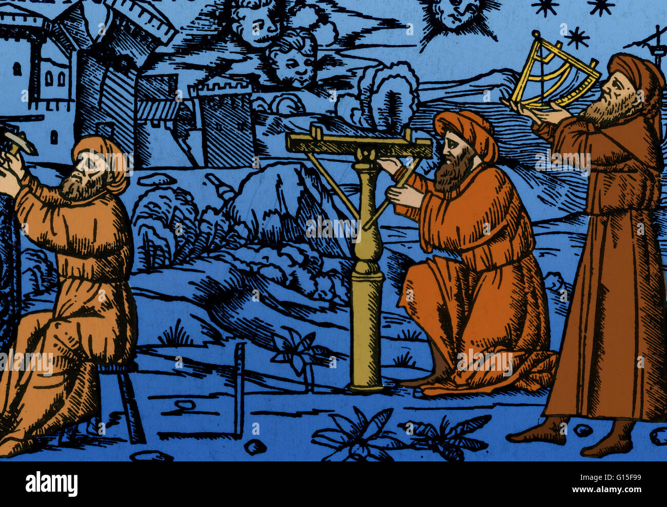 An engraving showing Arab astrologers using early astronomical ...