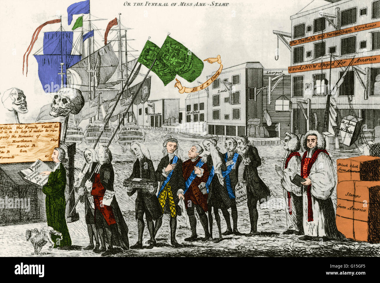 British cartoon titled "The Repeal, or the Funeral of Miss Ame-Stamp" a ...