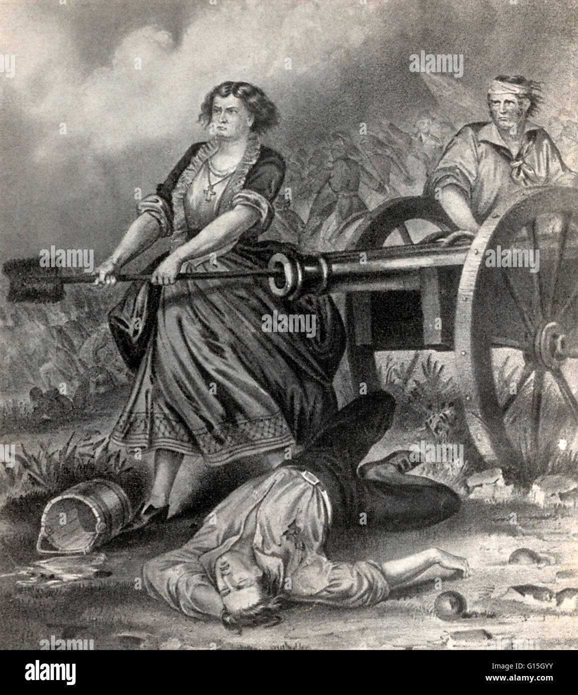 Currier & Ives print of Molly Pitcher at the Battle of Monmouth. The ...