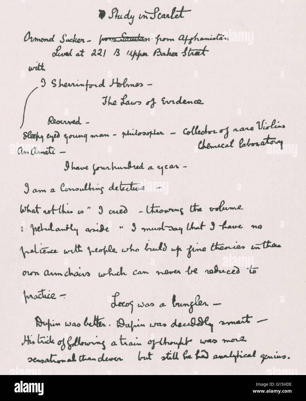A page of Conan Doyle's notes for A Study in Scarlet; he has yet to ...
