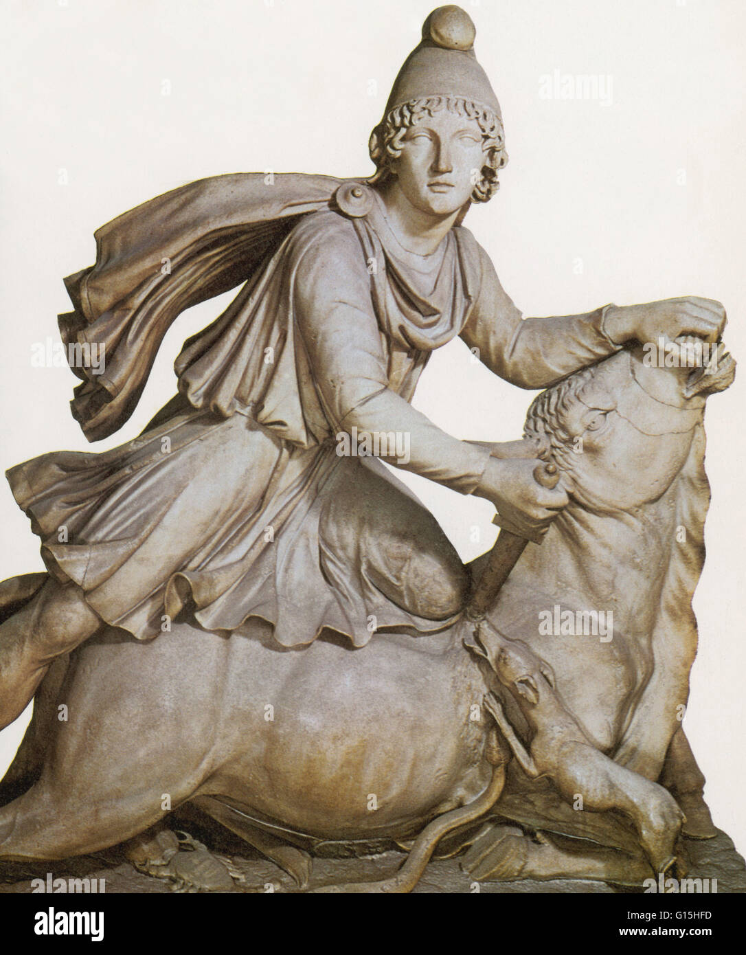 The god Mithras slaying the great bull. The spilling of the bull's ...