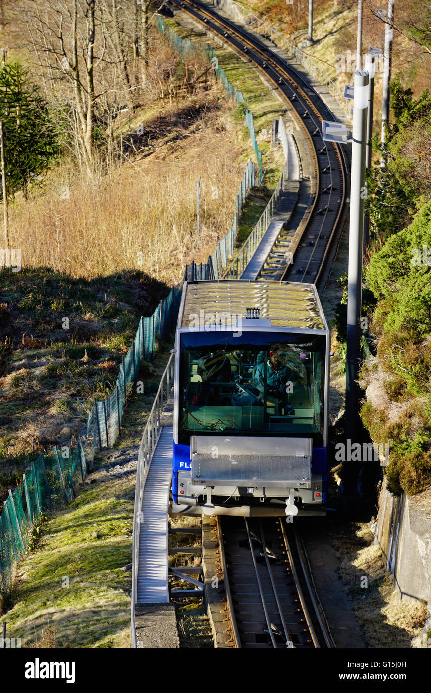 Floibanen funicular railway with view of Bergen from Mount Floyen ...