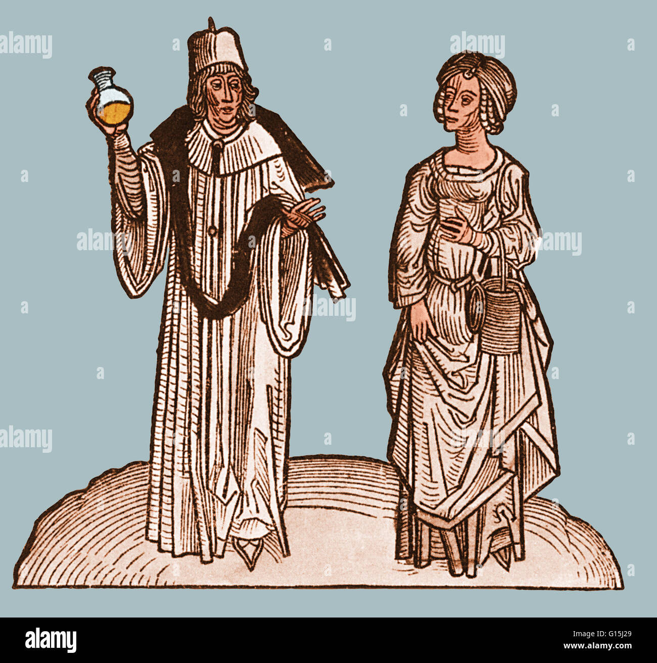 A woodcut by 15th-century Dutch artist Erhard Reuwich of a doctor ...