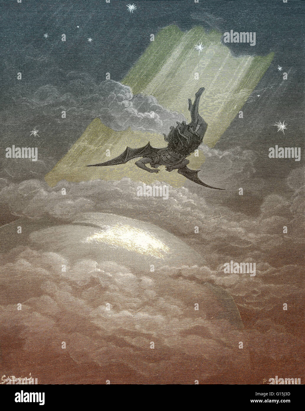 An illustration of Satan flying to Earth, from John Milton's Paradise ...