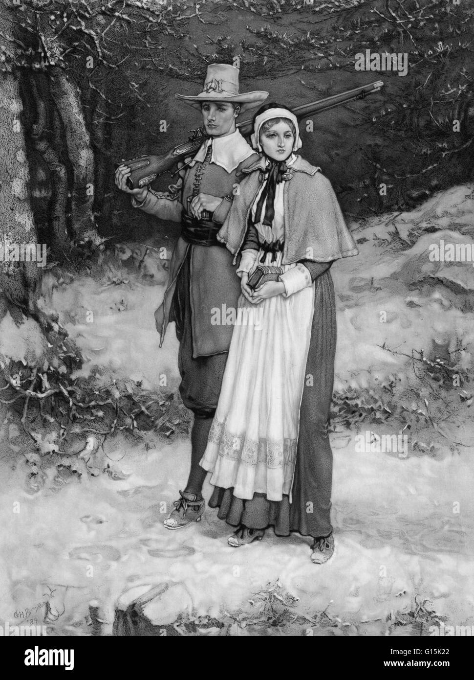 Print entitled: Puritans going to church. Print showing a puritan ...