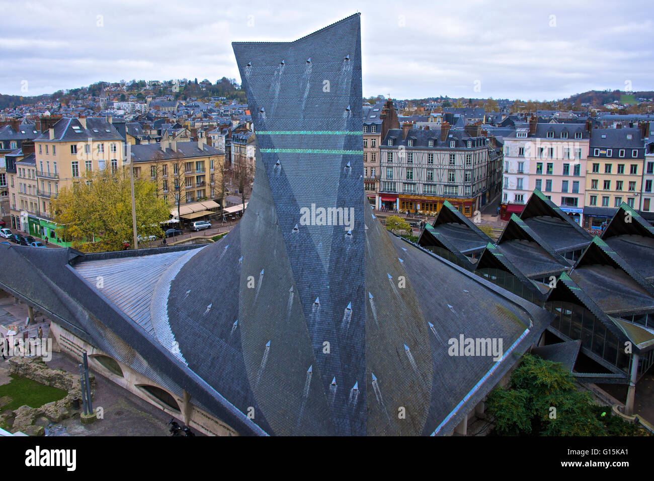 Joan of Arc church roof, and Ancient market place, Rouen, Normandy ...