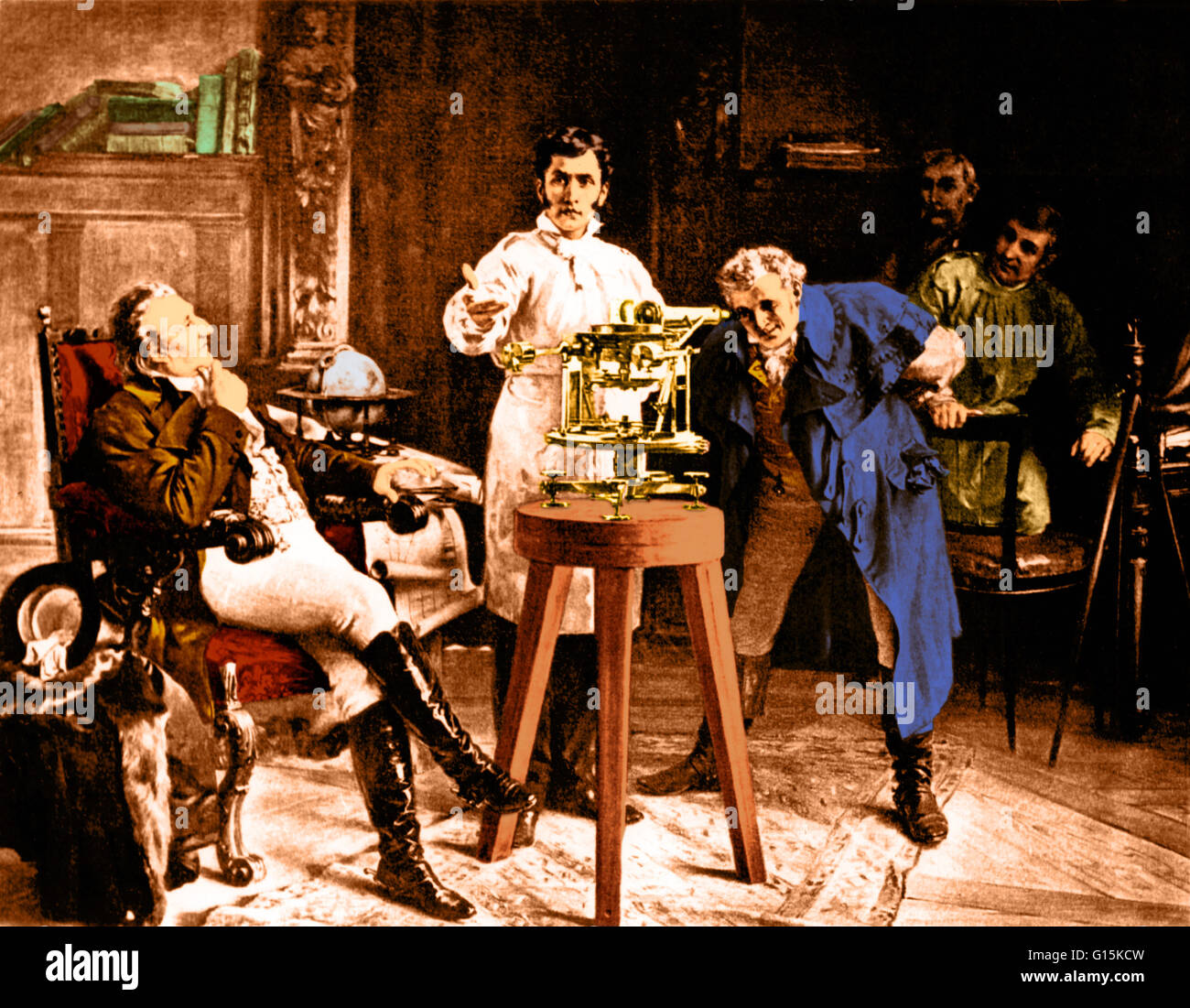 Fraunhofer demonstrating his 1814 invention, the spectroscope, a device ...