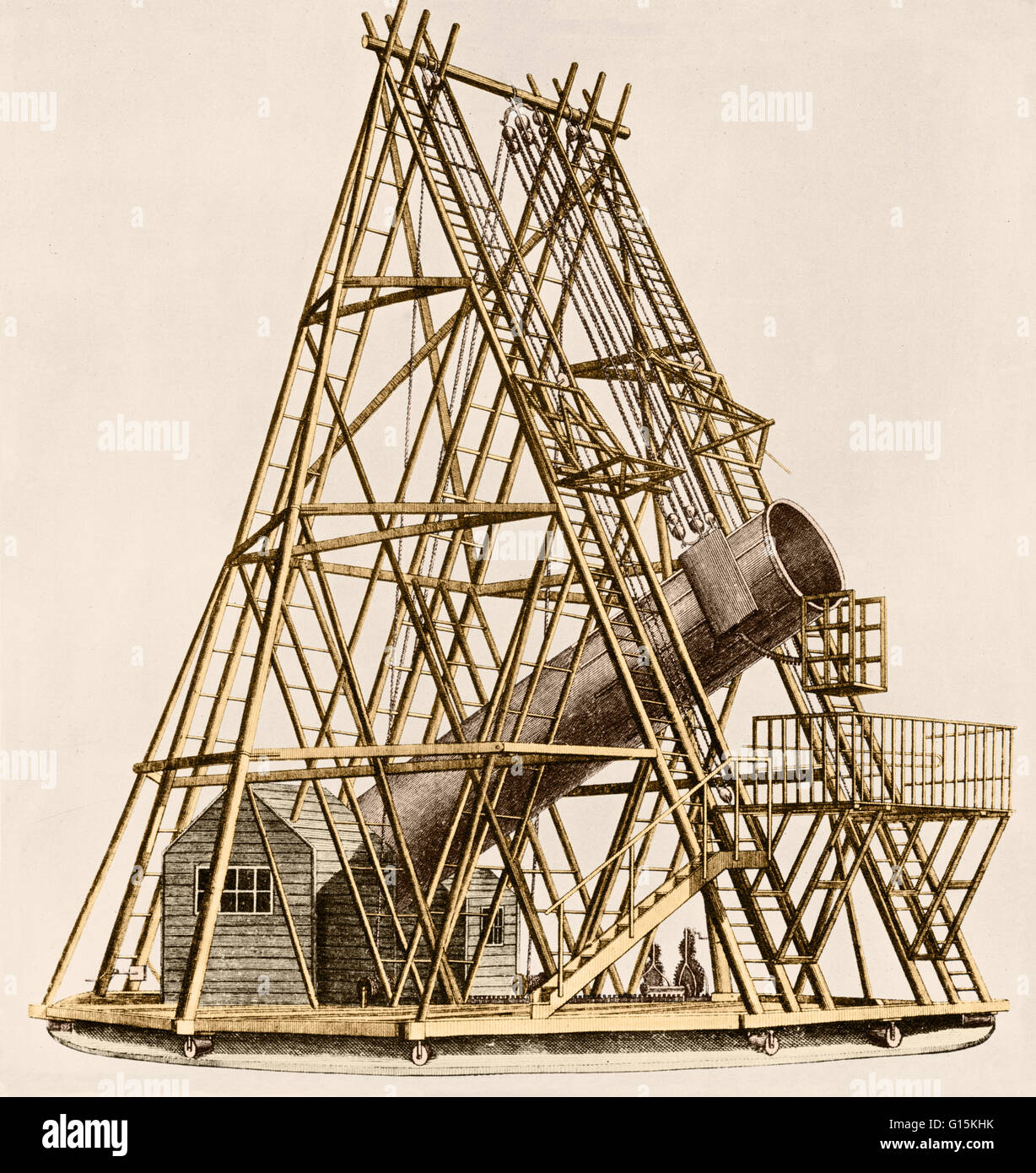 Color enhanced illustration of a telescope, the largest of its time ...