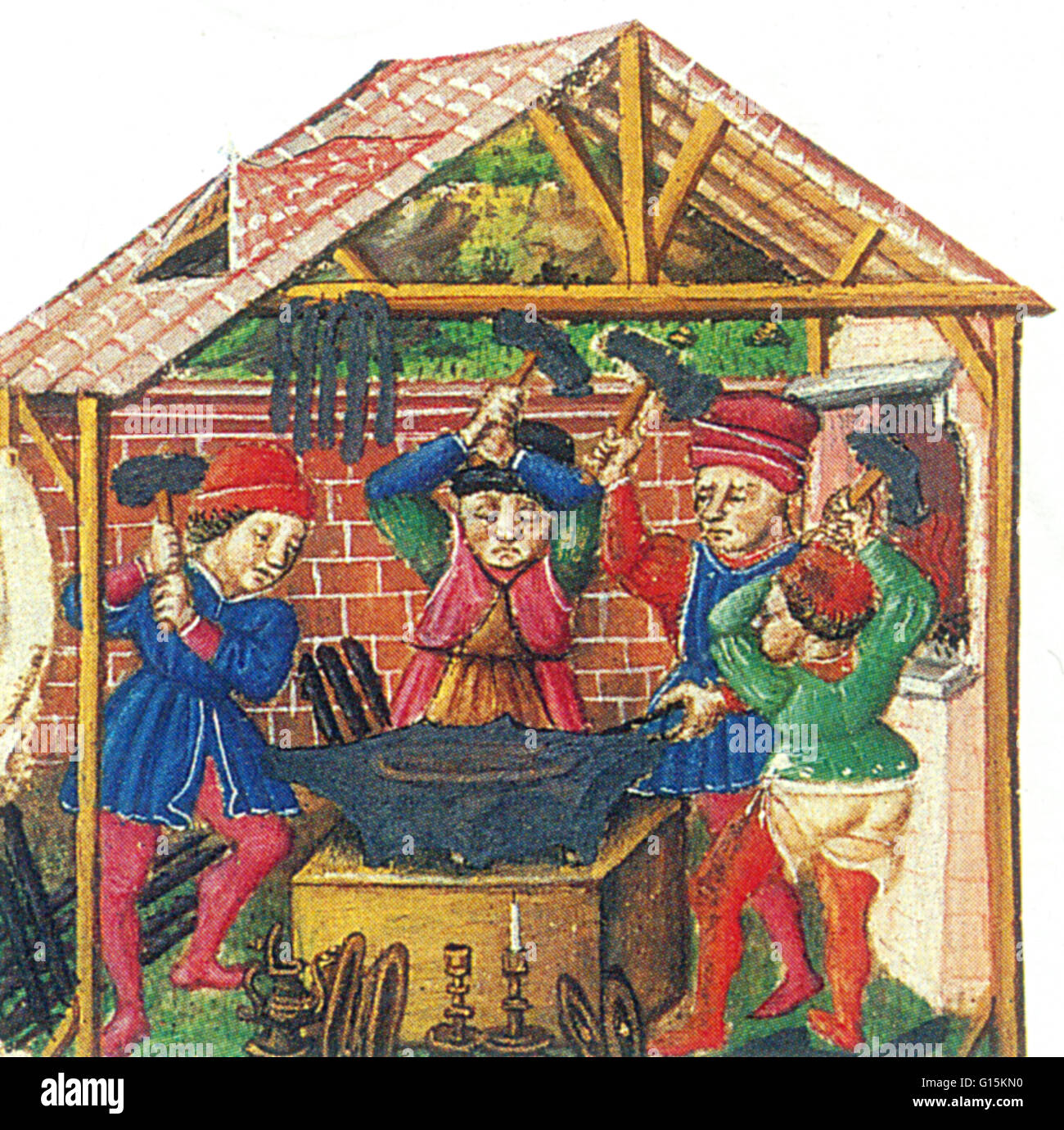 The smiths in this 15th century manuscript are hammering metal into ...