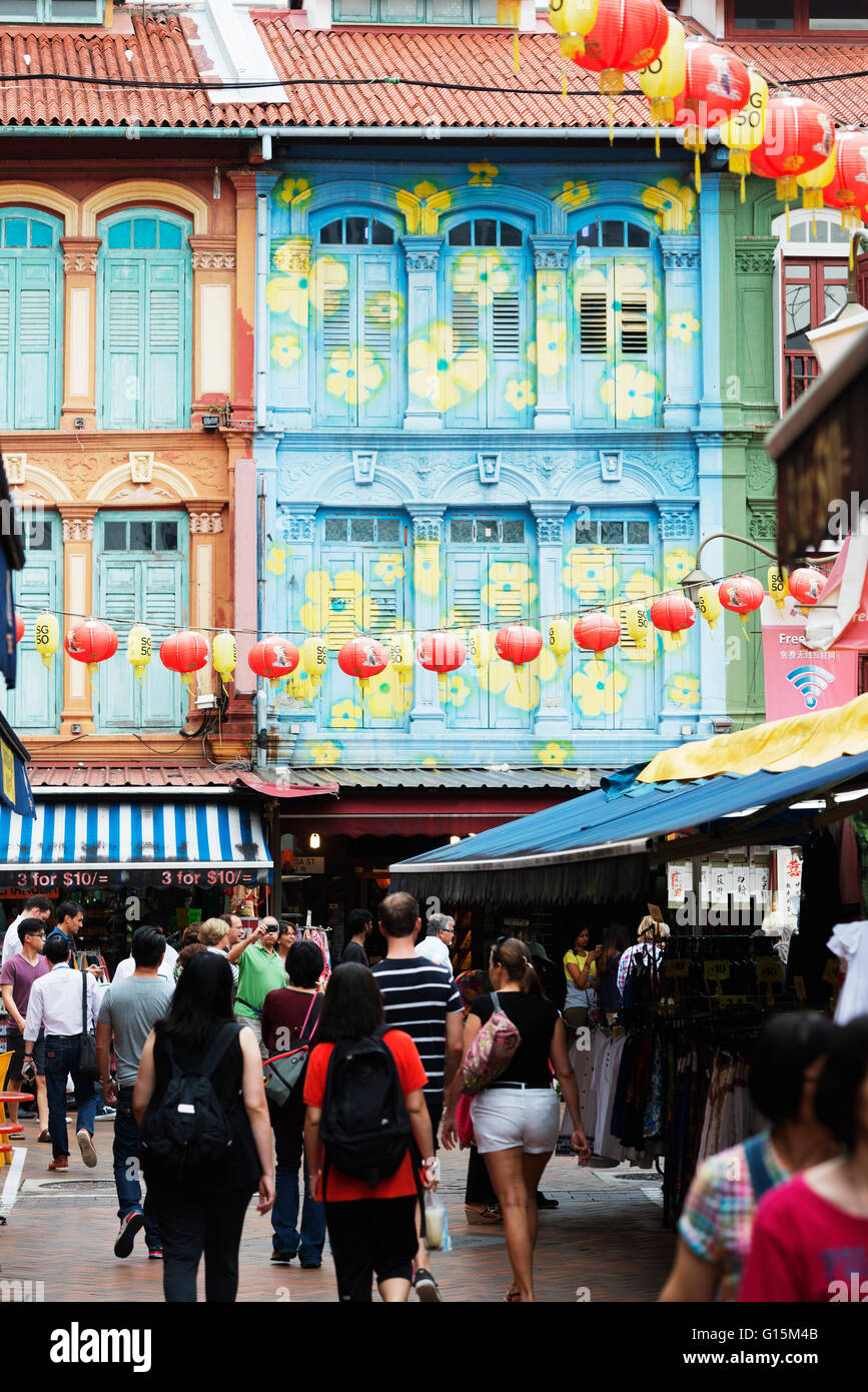 Chinese lanterns and shutters on a colonial building, Chinatown ...