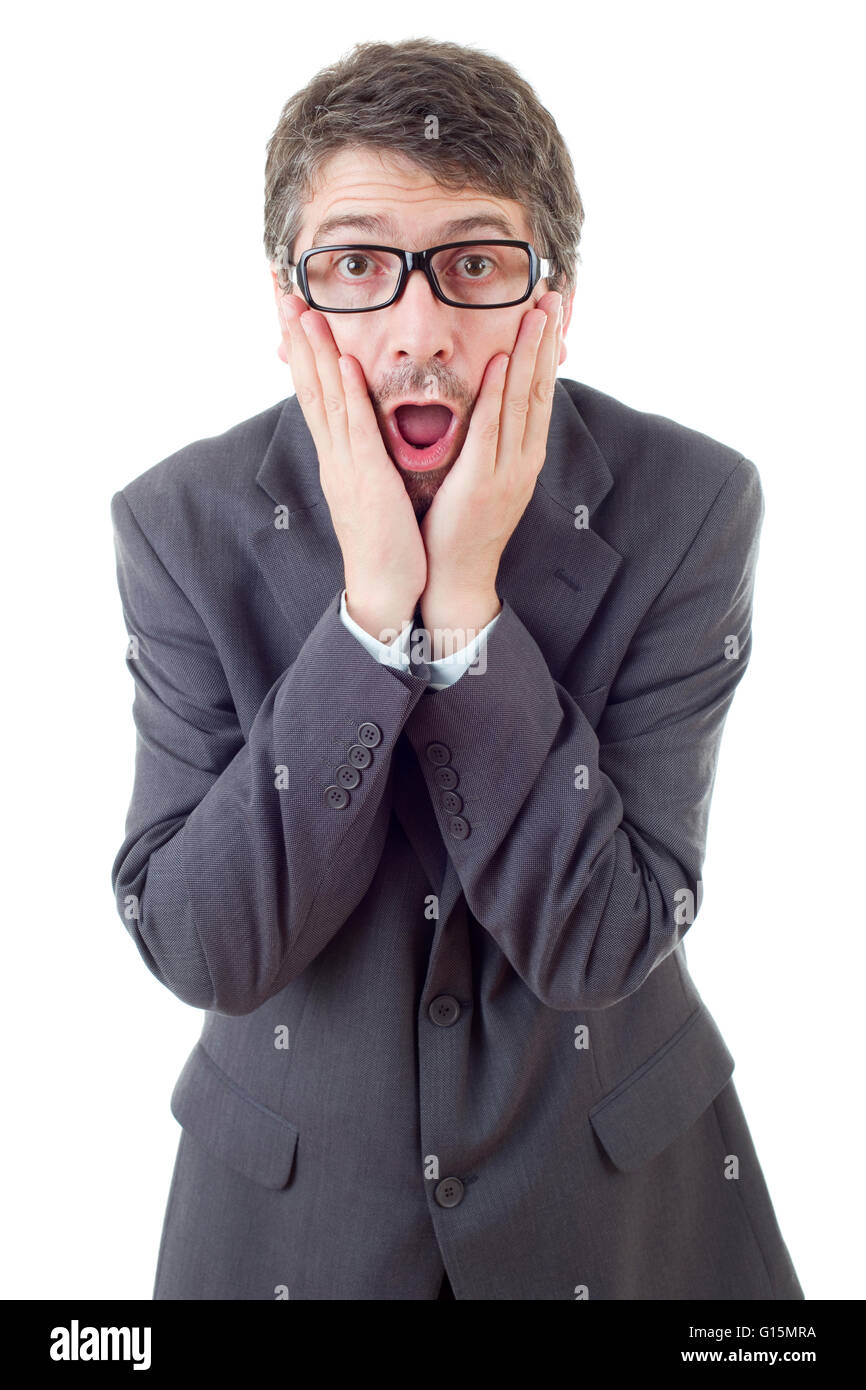 young business man surprised isolated on white Stock Photo - Alamy