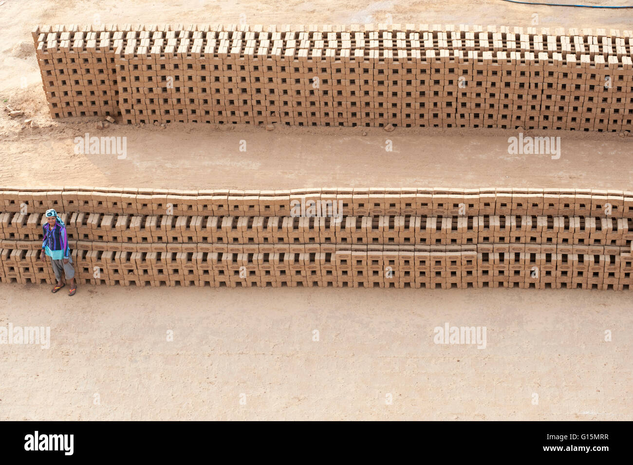 Female brick worker standing beside hand made bricks stacked to dry ...