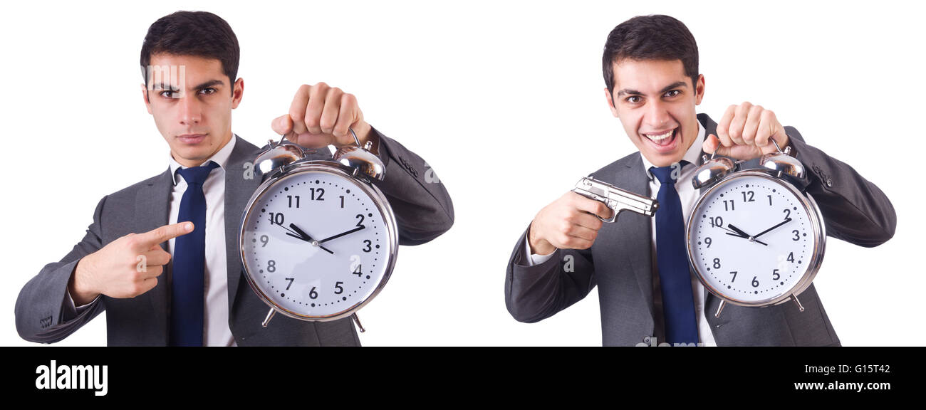 Man with clock isolated on white Stock Photo - Alamy