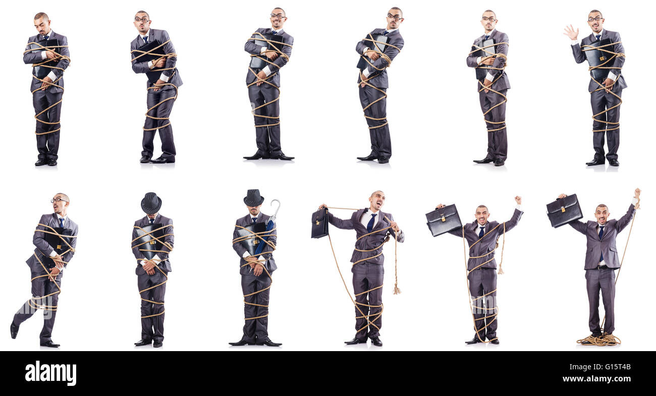 Man tied up isolated on white Stock Photo - Alamy