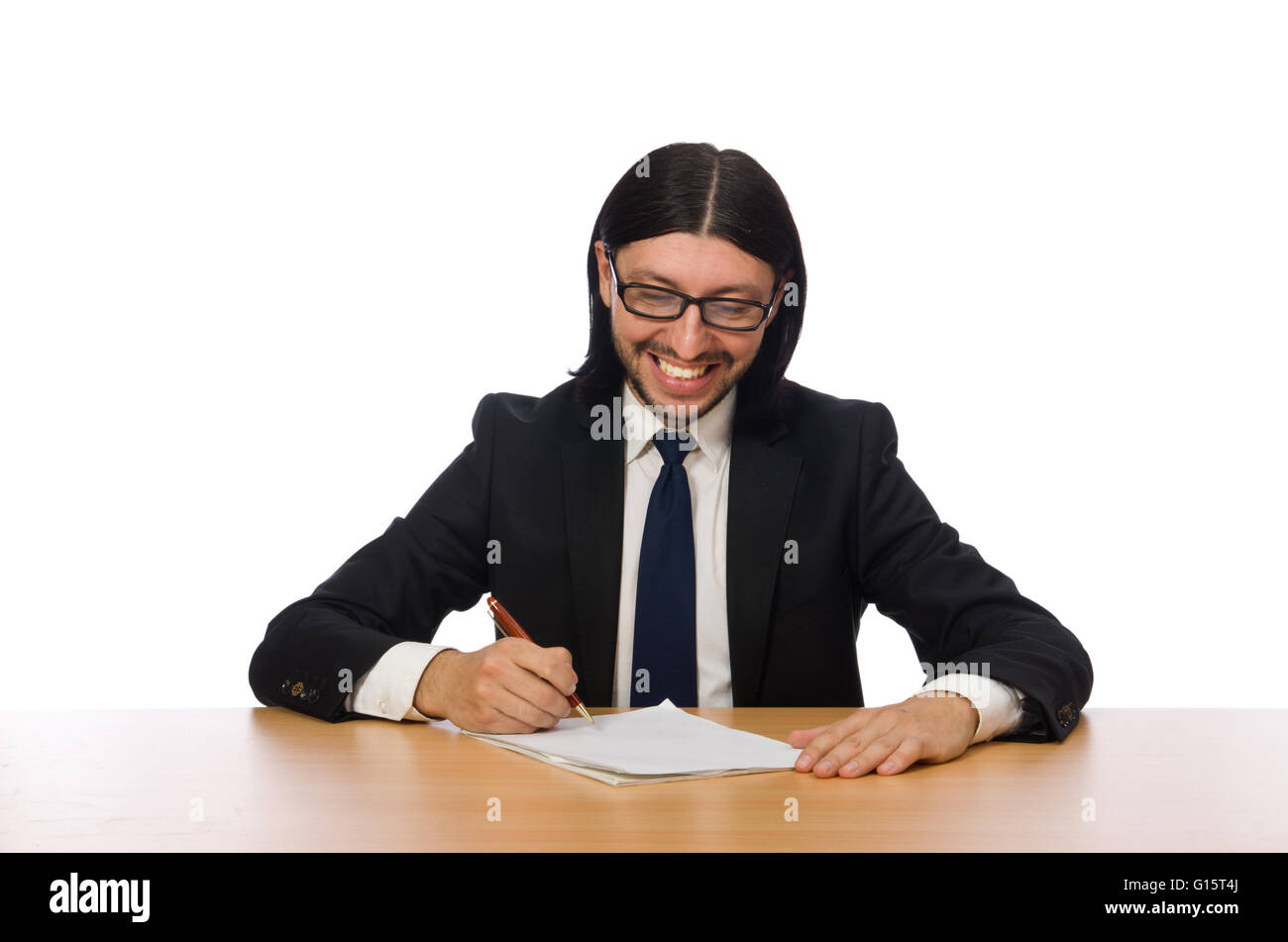 Businessman writing at workplace isolated on white Stock Photo - Alamy