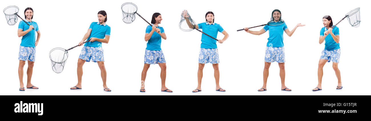 Man with big catching net isolated on white Stock Photo - Alamy