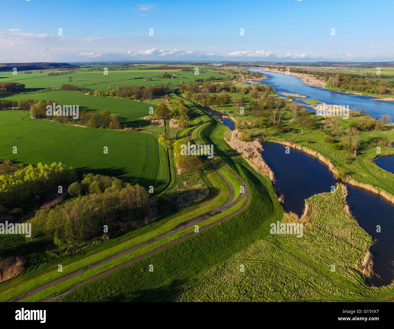 An aerial image taken with a drone shows a view of the Oder river and ...