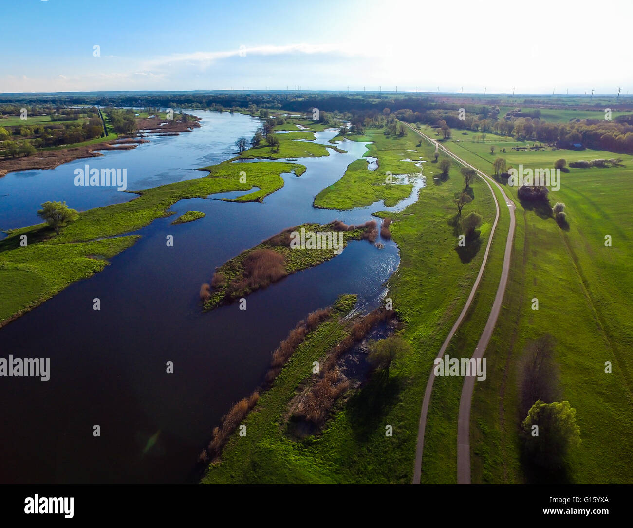An aerial image taken with a drone shows a view of the Oder river and ...
