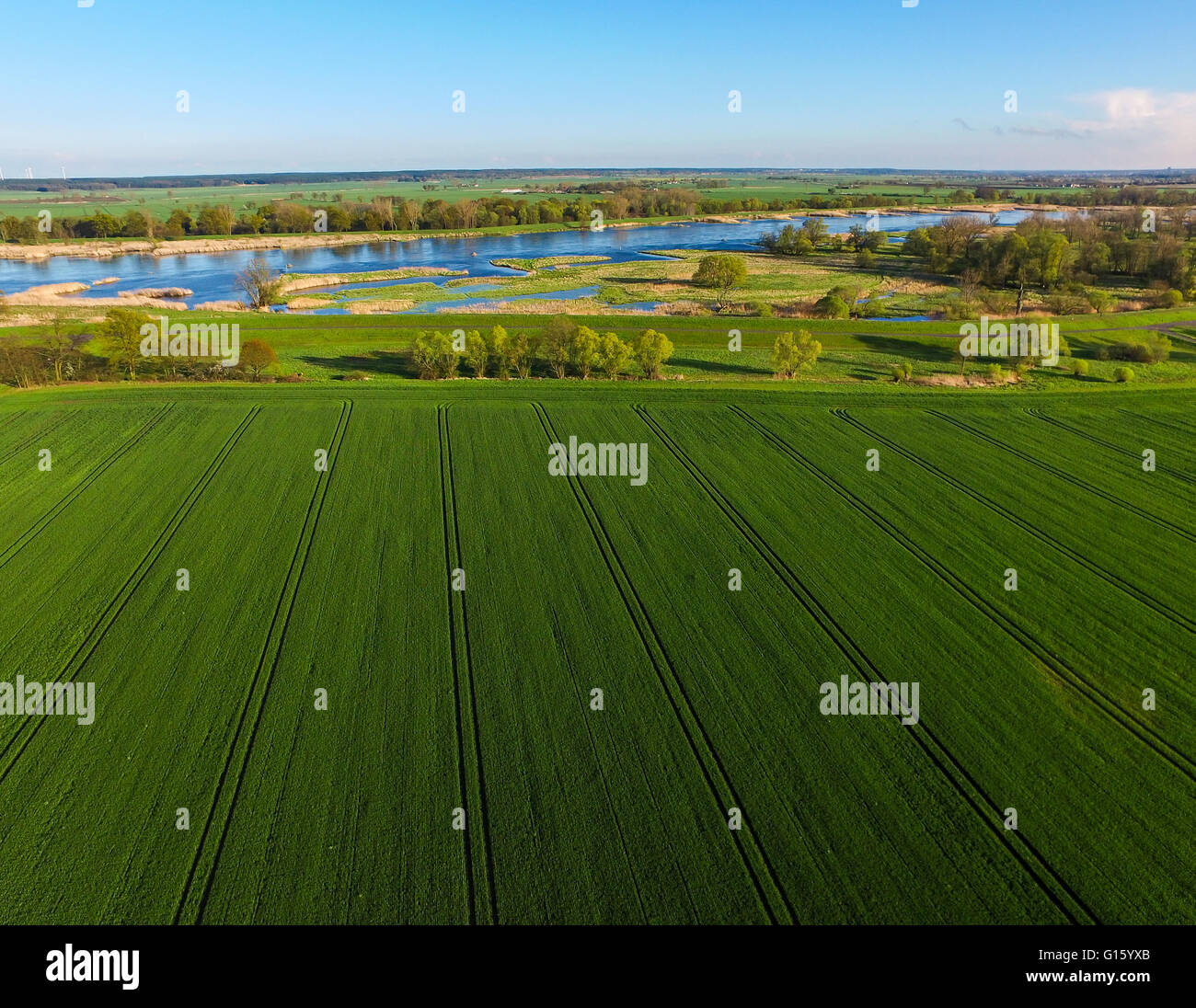An aerial image taken with a drone shows a view of the Oder river and ...