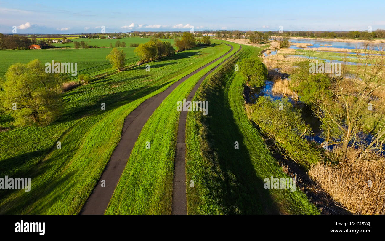 An aerial image taken with a drone shows a view of the Oder river and ...