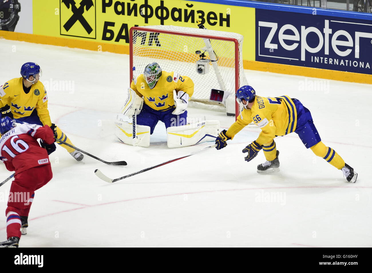 Michal Birner (left, CZE) shoots a goal to goalkeeper Jacob Markstrom ...