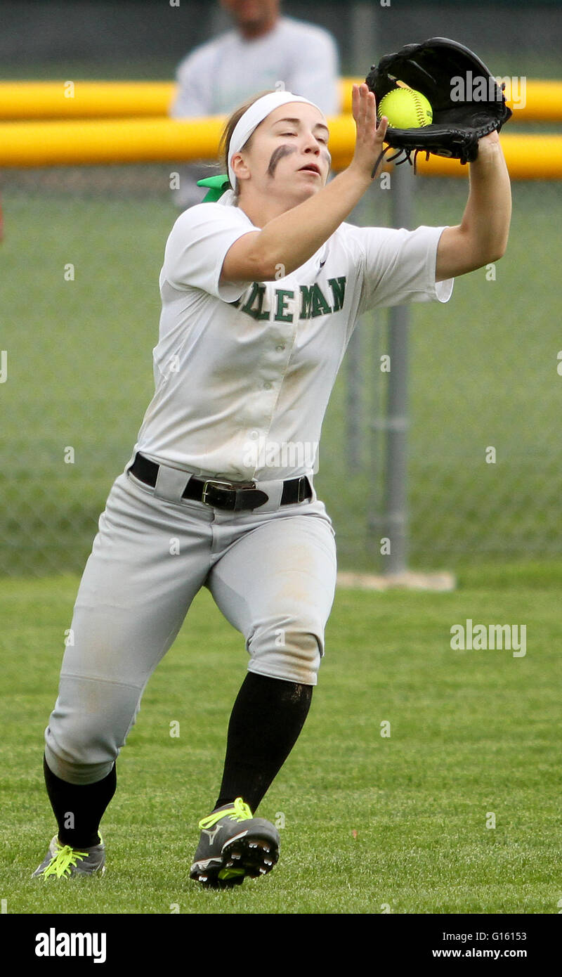 Moline, Iowa, USA. 7th May, 2016. BELOW: Alleman center fielder Alyssa ...