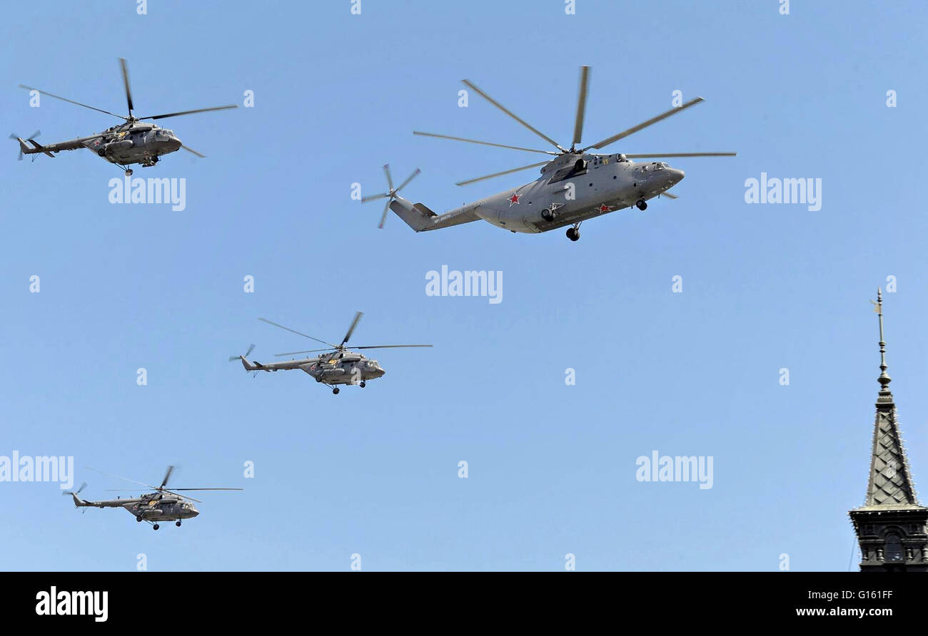 Russian air force helicopters fly over during the annual Victory Day ...