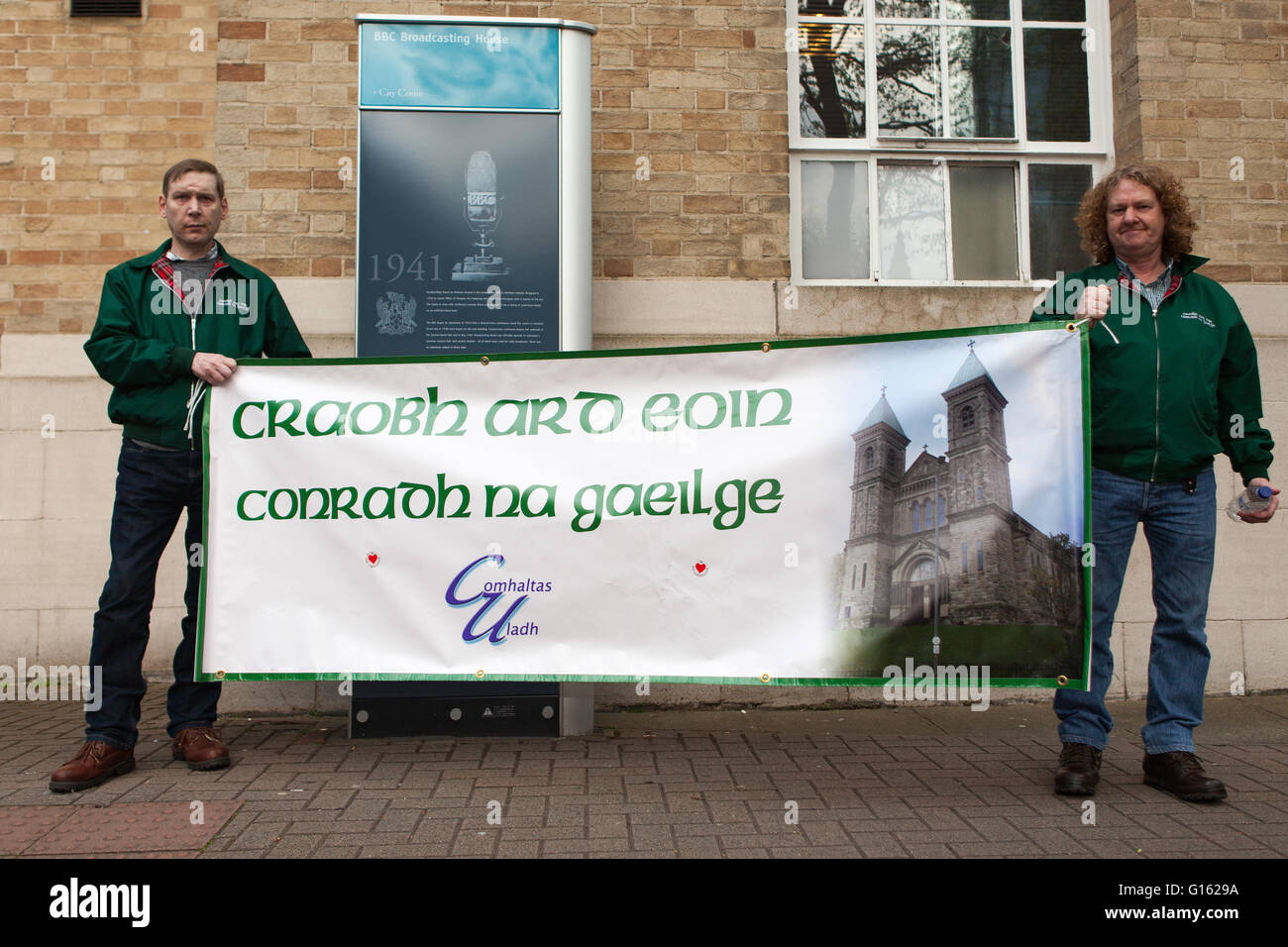 Belfast, UK. 9th May, 2016. Irish language speakers protest outside BBC ...