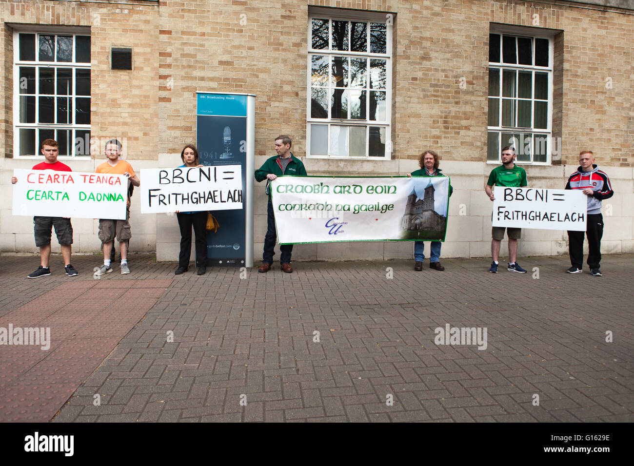 Belfast, UK. 9th May, 2016. Irish language speakers protest outside BBC ...