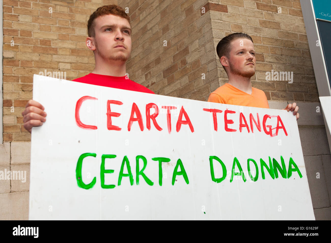Belfast, UK. 9th May, 2016. Irish language speakers protest outside BBC ...