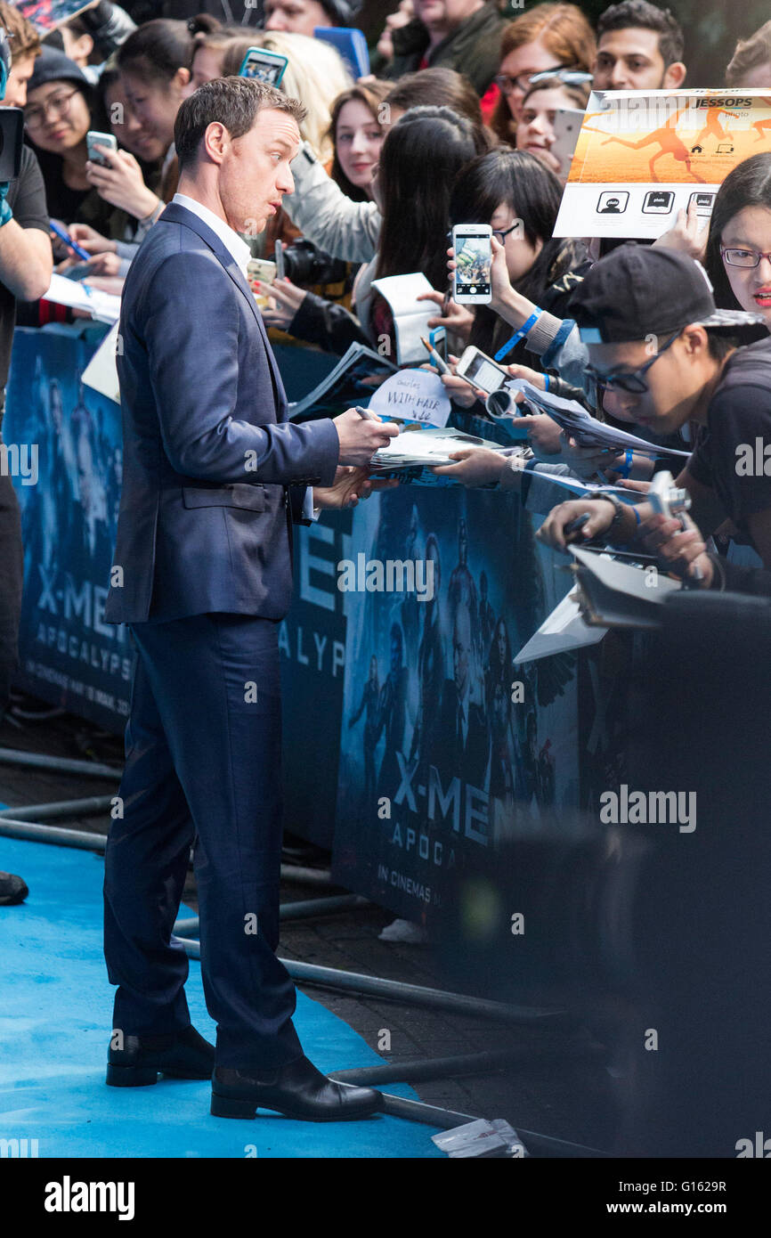 London, UK. 9 May 2016. Actor James McAvoy (Professor Charles Xavier) interacts with fans at the ...