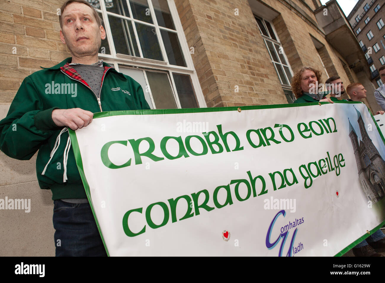 Belfast, UK. 9th May, 2016. Irish language speakers protest outside BBC ...