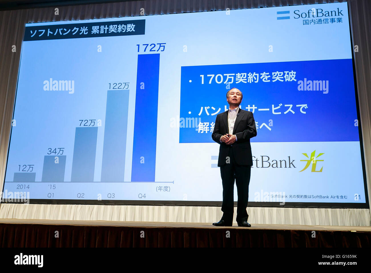 Tokyo, Japan. 10th May, 2016. SoftBank Chairman and CEO Masayoshi Son speaks during a press ...