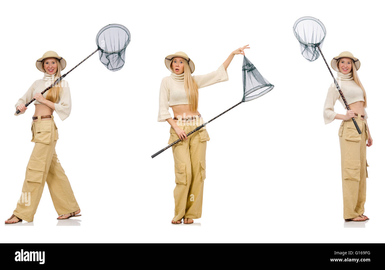 Woman with catching net on white Stock Photo - Alamy