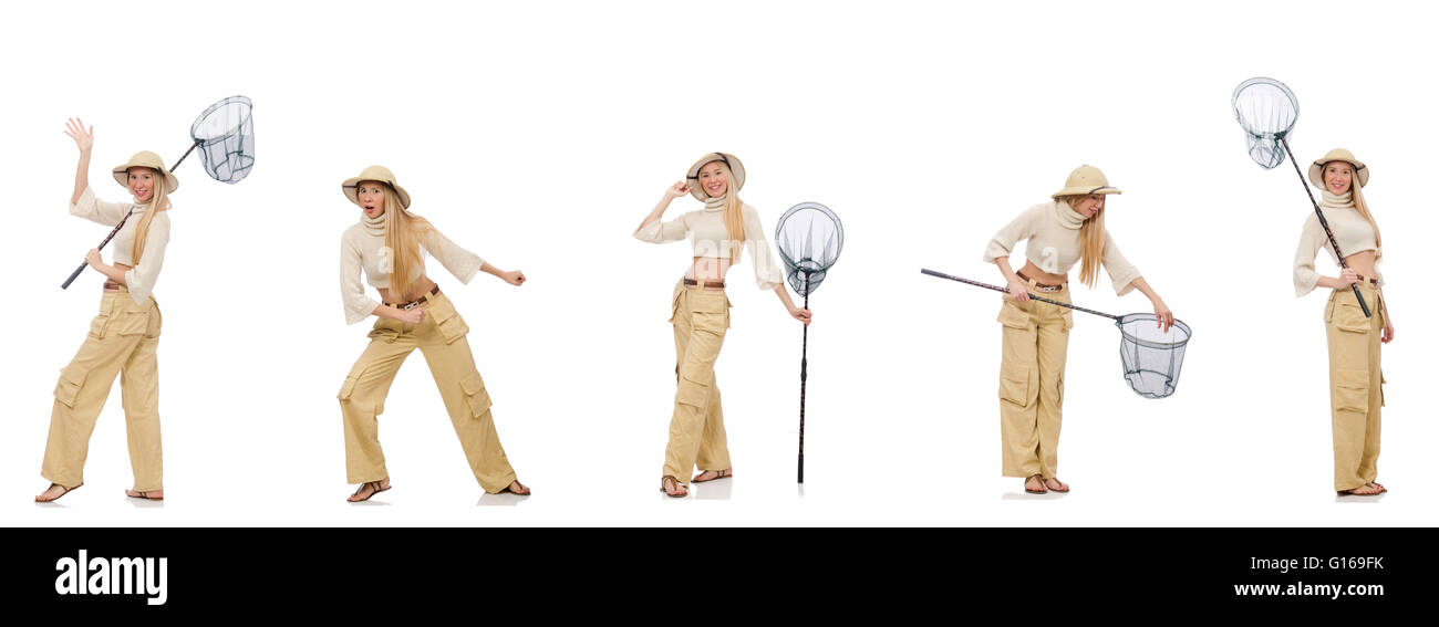 Woman with catching net on white Stock Photo - Alamy