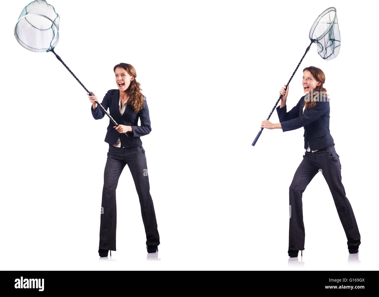 Woman with net isolated on white Stock Photo - Alamy