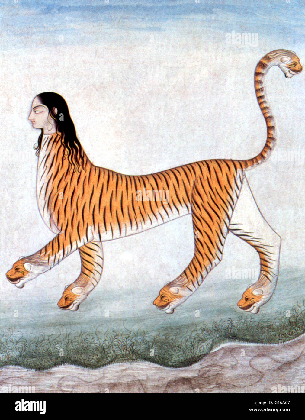Undated 19th century painting of the legendary Indian chimera, her paws ...
