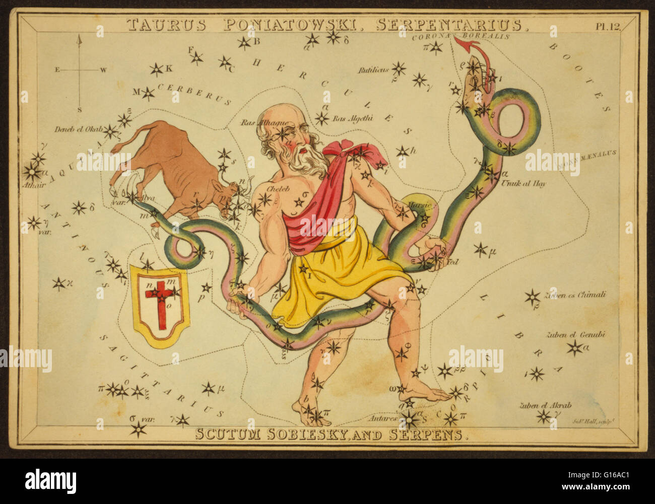 Astronomical chart showing a man grappling with a serpent, at the tail ...