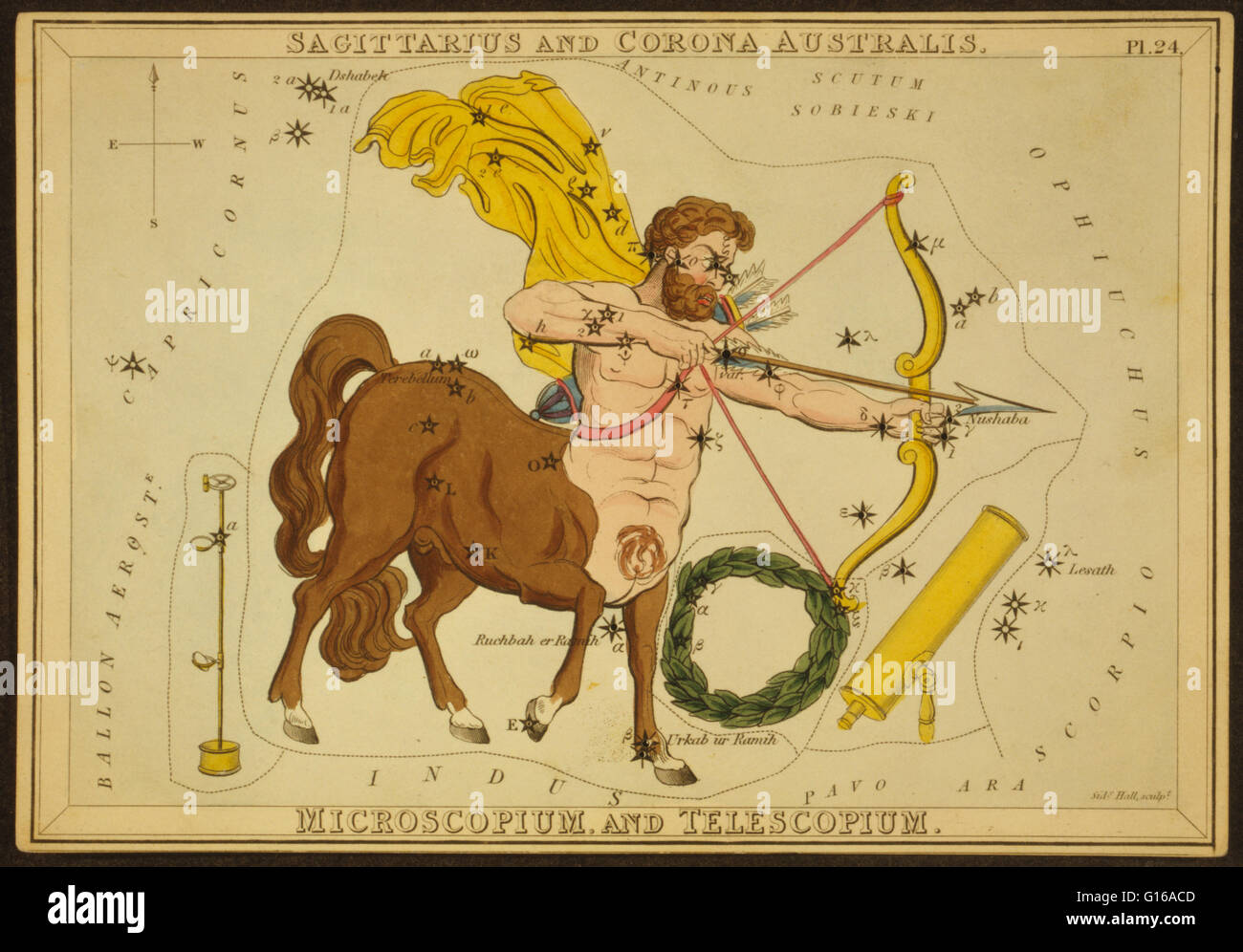 Astronomical chart showing the centaur Sagittarius with bow and arrow ...
