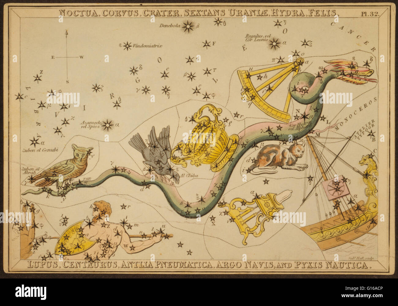 Astronomical chart showing an owl, raven, ornate bowl, sextant, snake ...