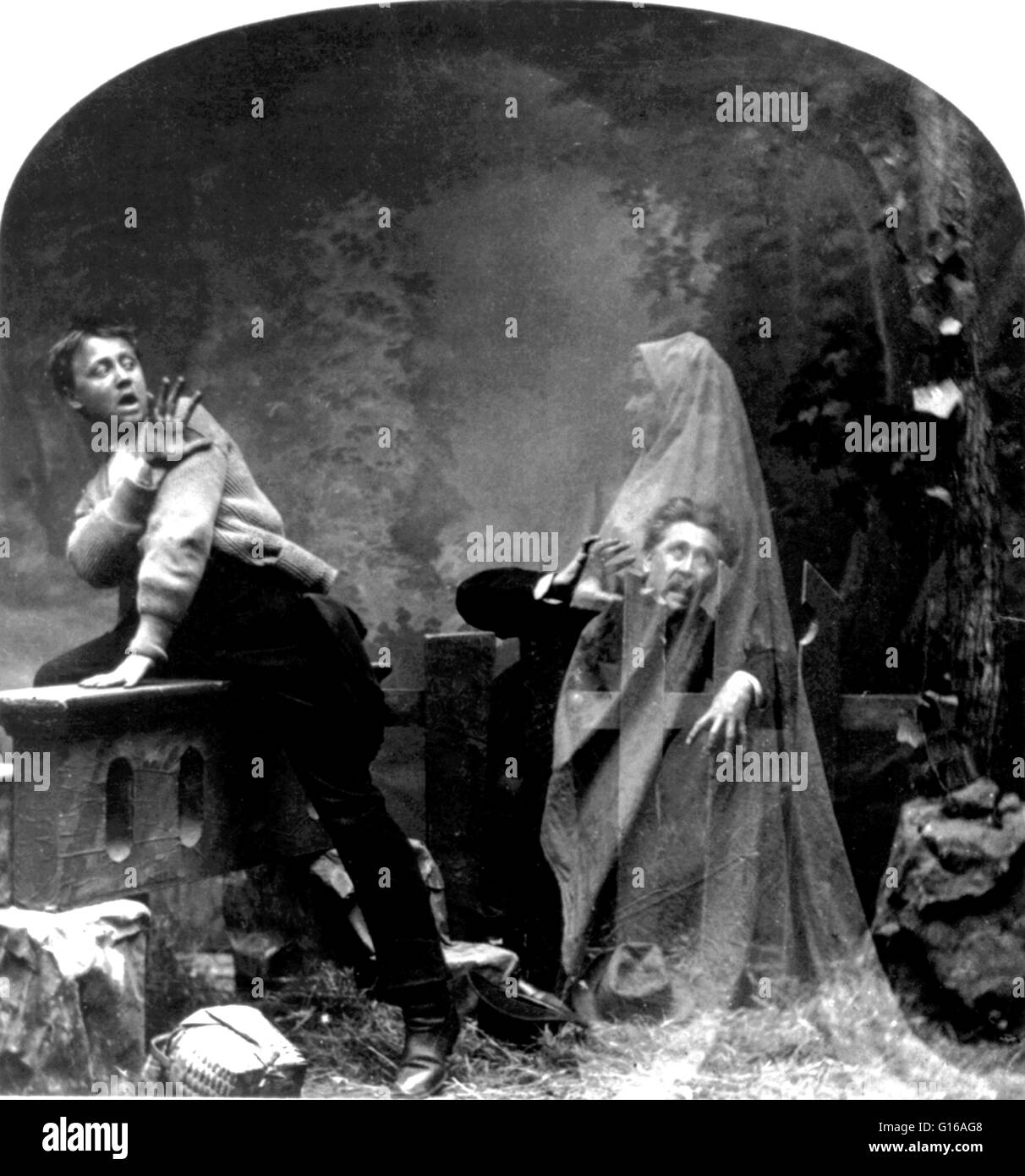 Stereograph shows a posed studio scene ghost scaring man and boy, 1889 ...