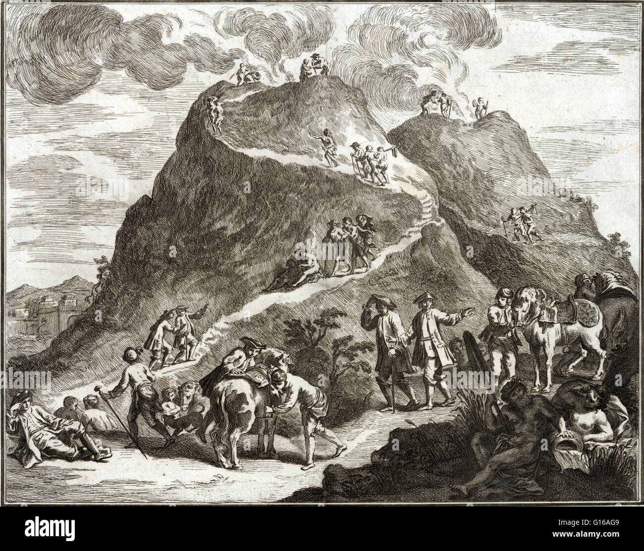 1750 etching showing aristocratic men leaving their horses with ...