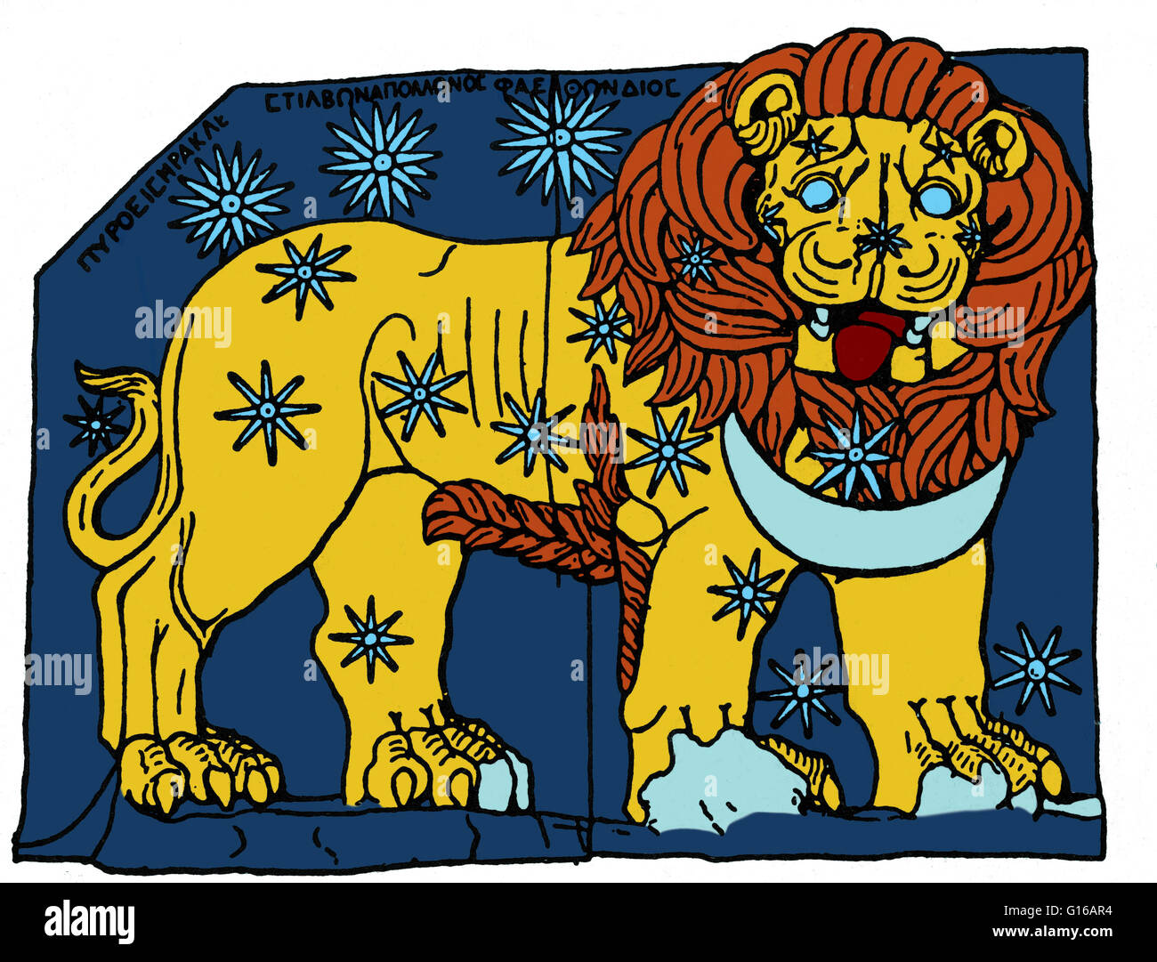 Historical illustration of Leo with the moon and stars, Mercury, Mars ...